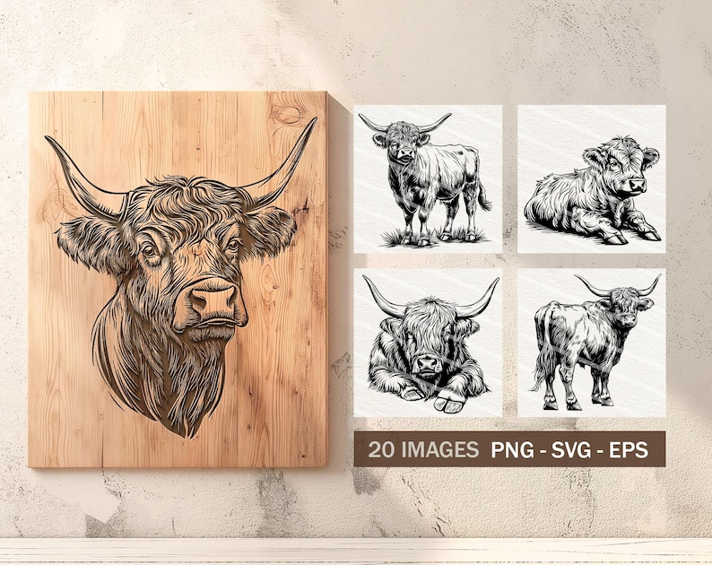 Vector Highland Cow Clipart - Line Art Digital Illustration - Highland ...
