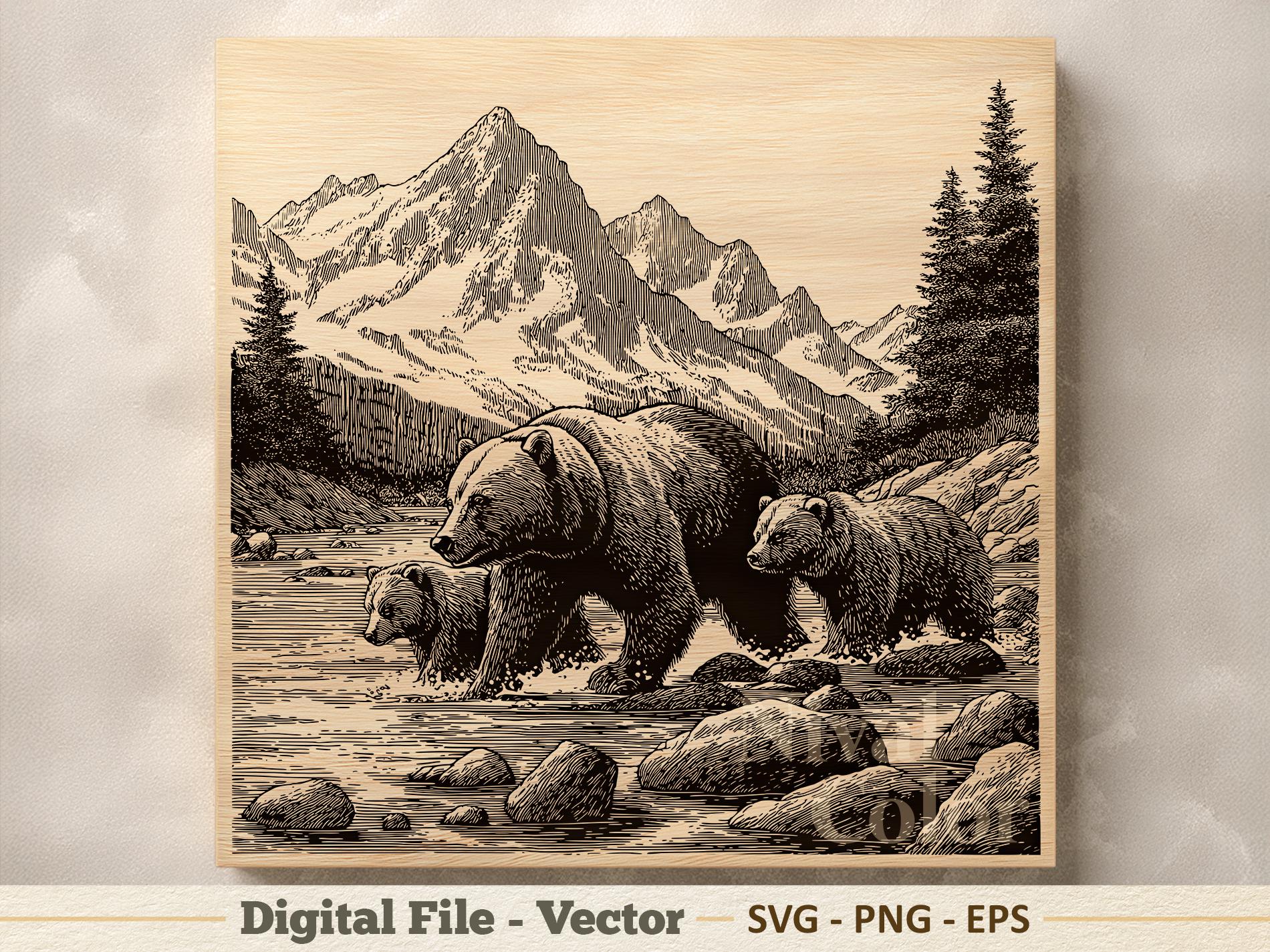 Bear Vector Illustration SVG – Grizzly Bears Line Art PNG - Laser ...