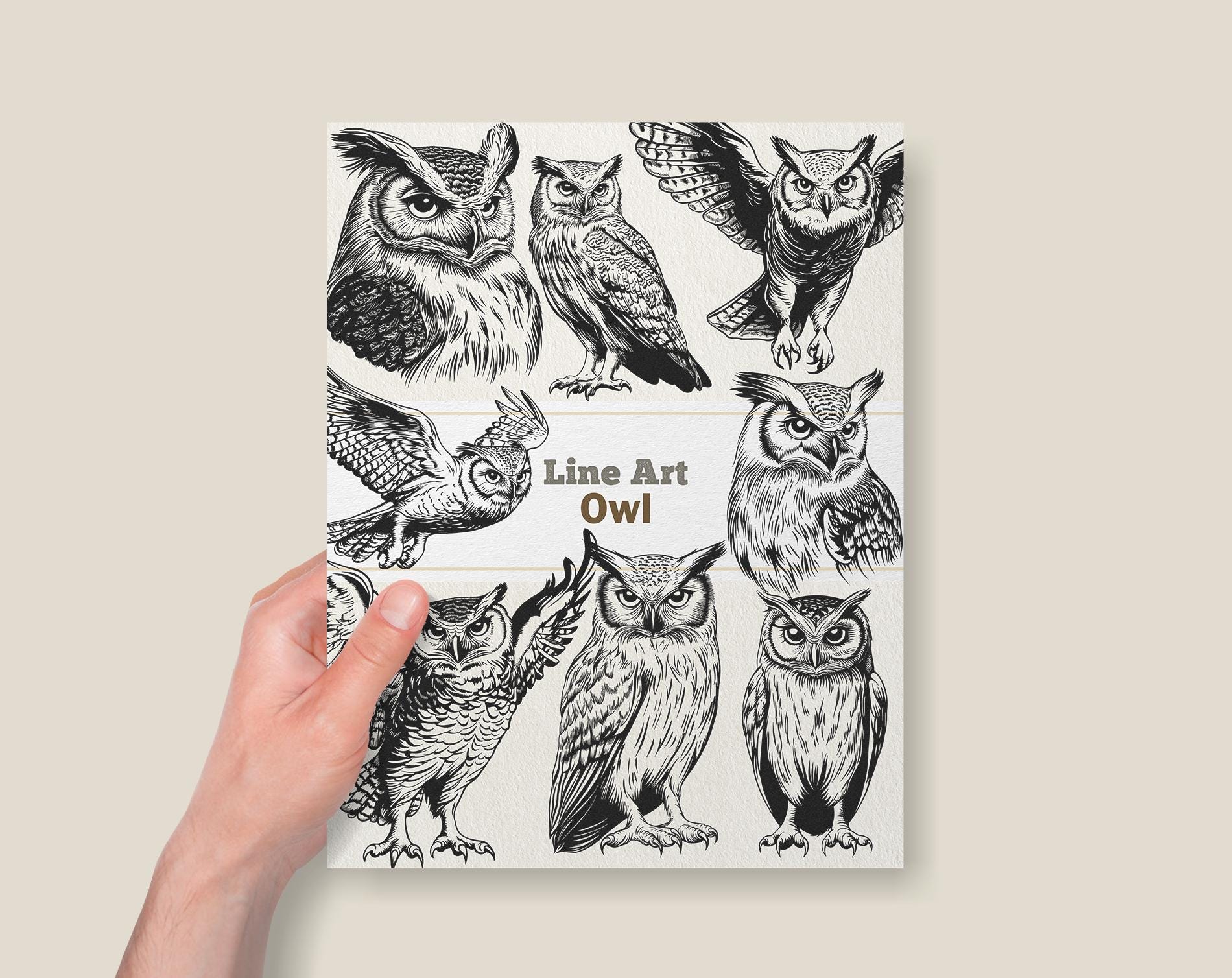 Vector Owl Clipart - Line Art Digital Illustration - Short Eared Owl ...