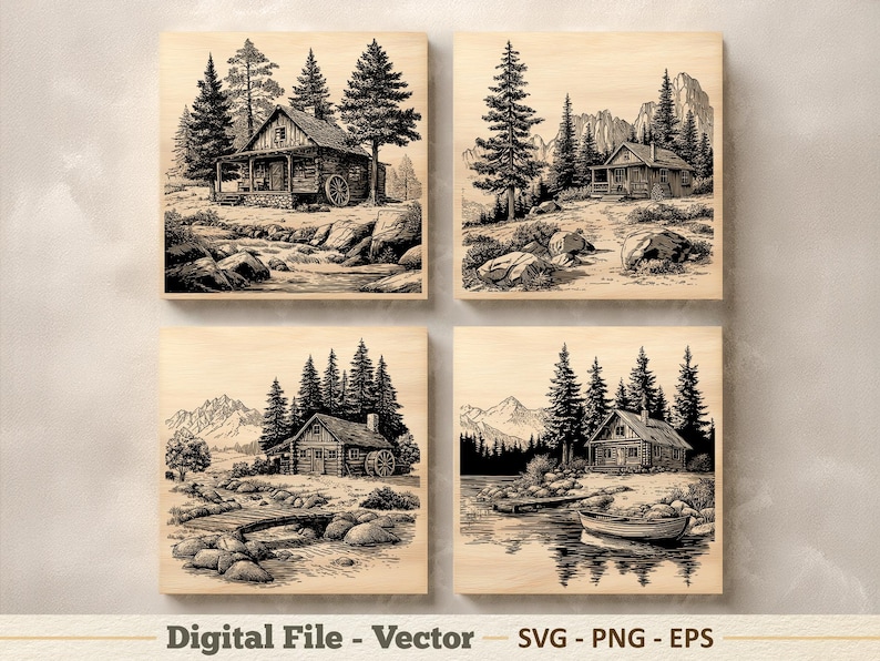 Mountain Cabin Vector Illustration SVG – Lodge Line Art PNG - Laser ...