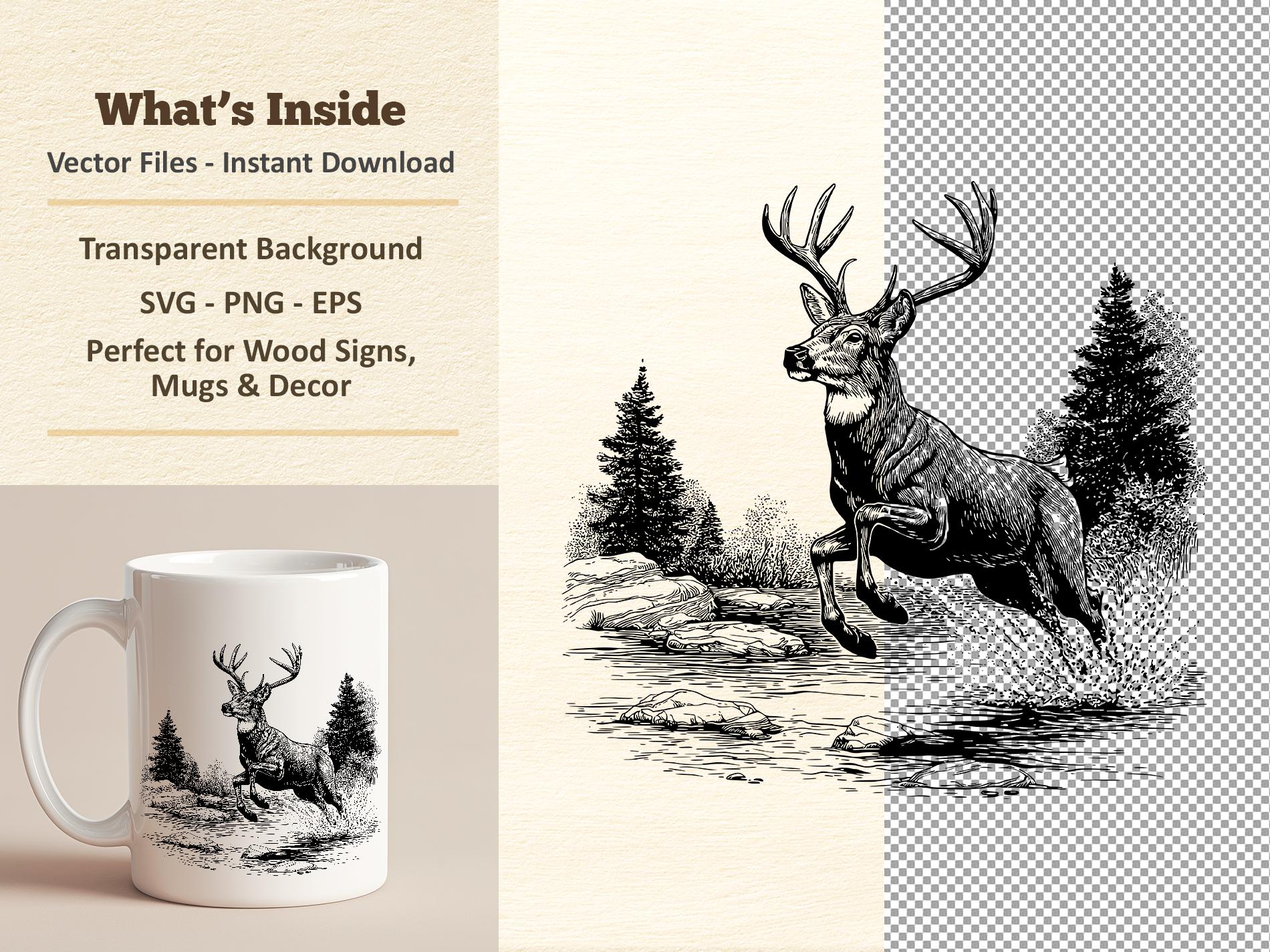 Jumping Deer Vector Illustration SVG – Stag Line Art PNG - Laser ...