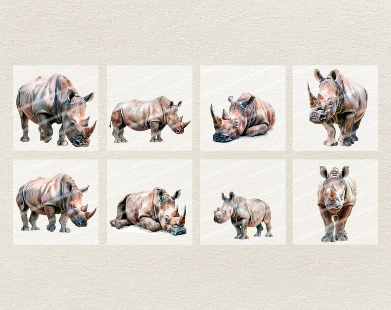 Watercolor Rhinoceros Clipart - Digital Illustration Rhino - Rhinoceros ...