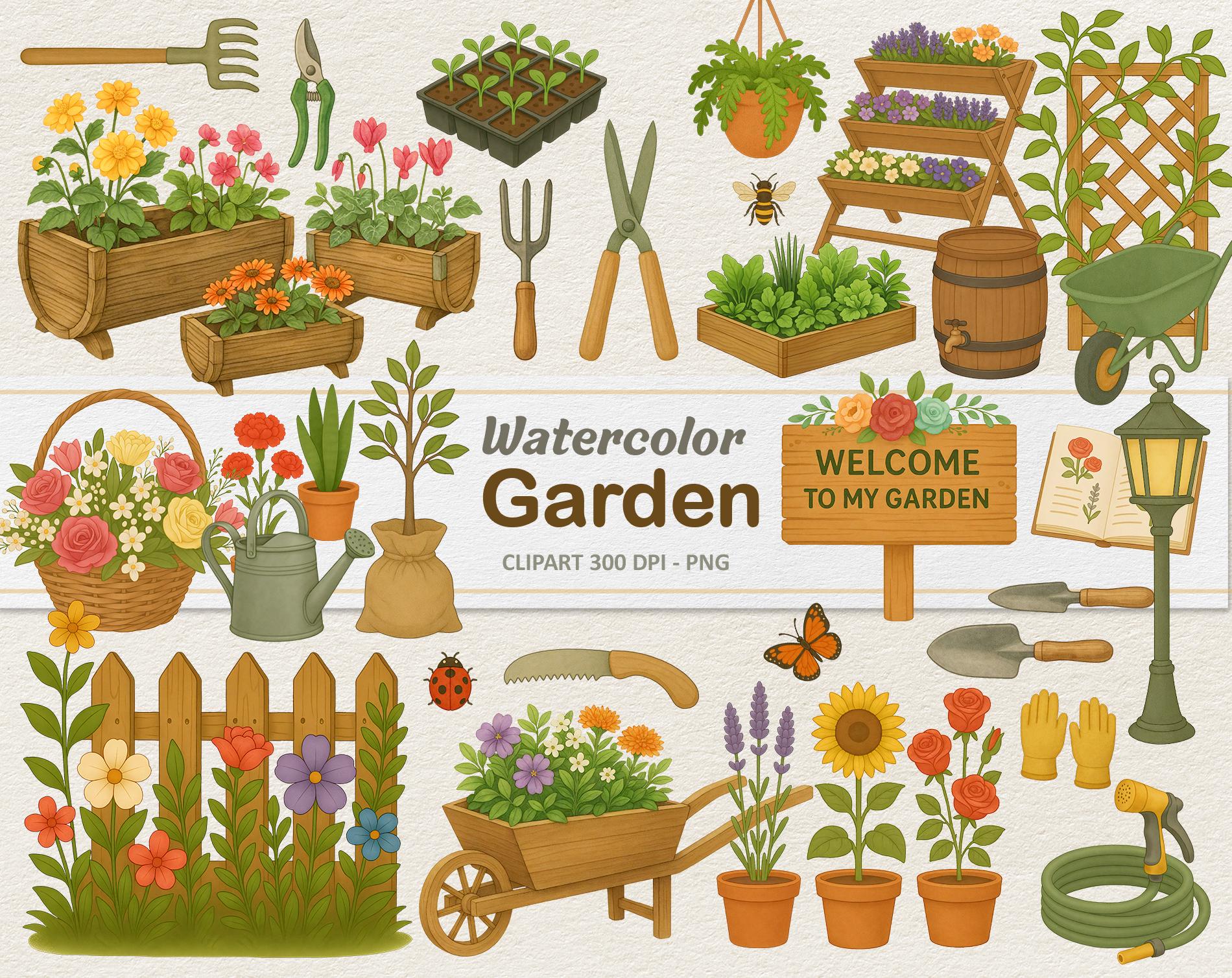 Watercolor Gardening Clipart - Digital Illustration Garden Tools ...