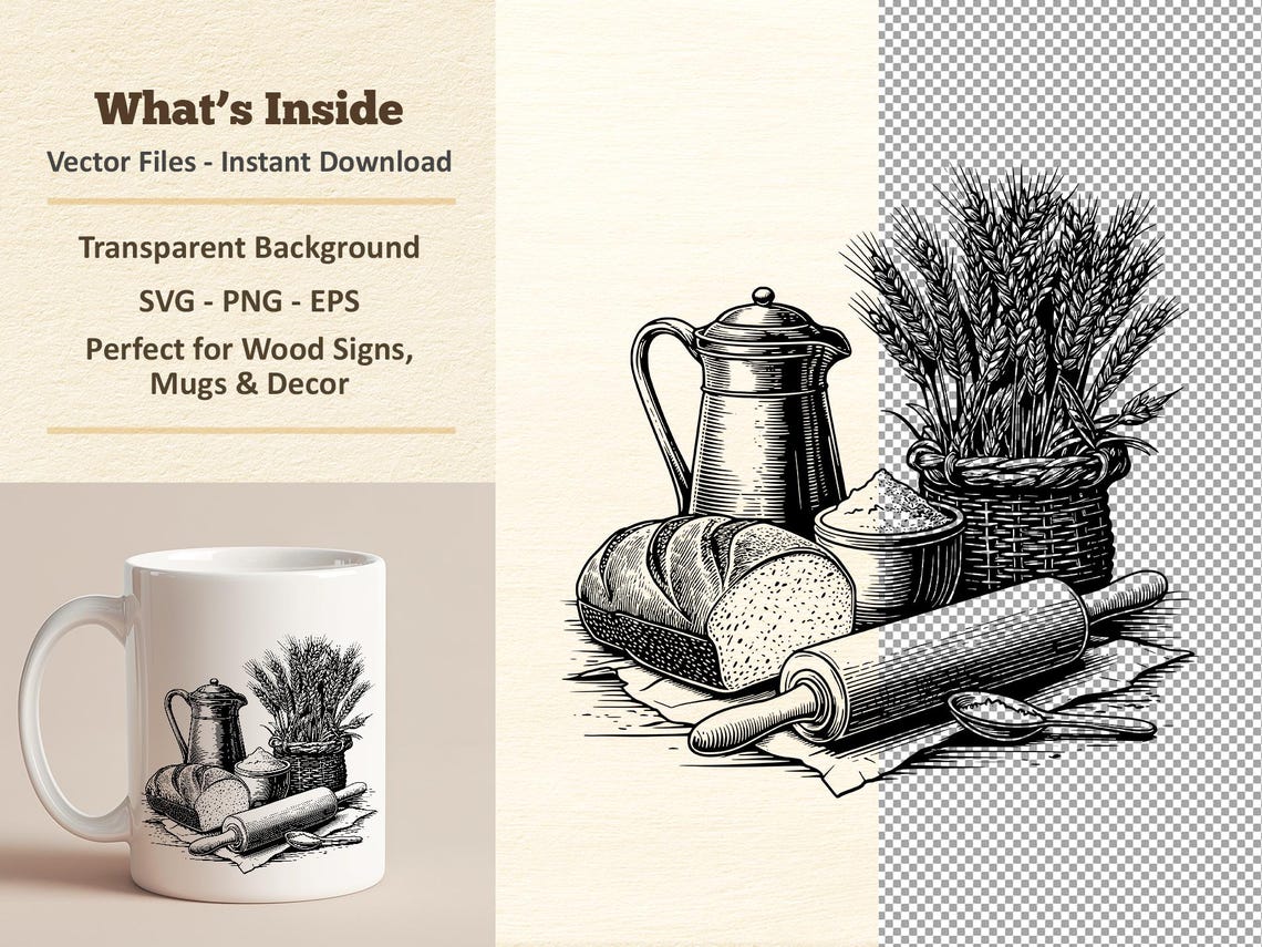 Bakery Vector Illustration SVG – Bread Kitchen Line Art PNG - Laser ...
