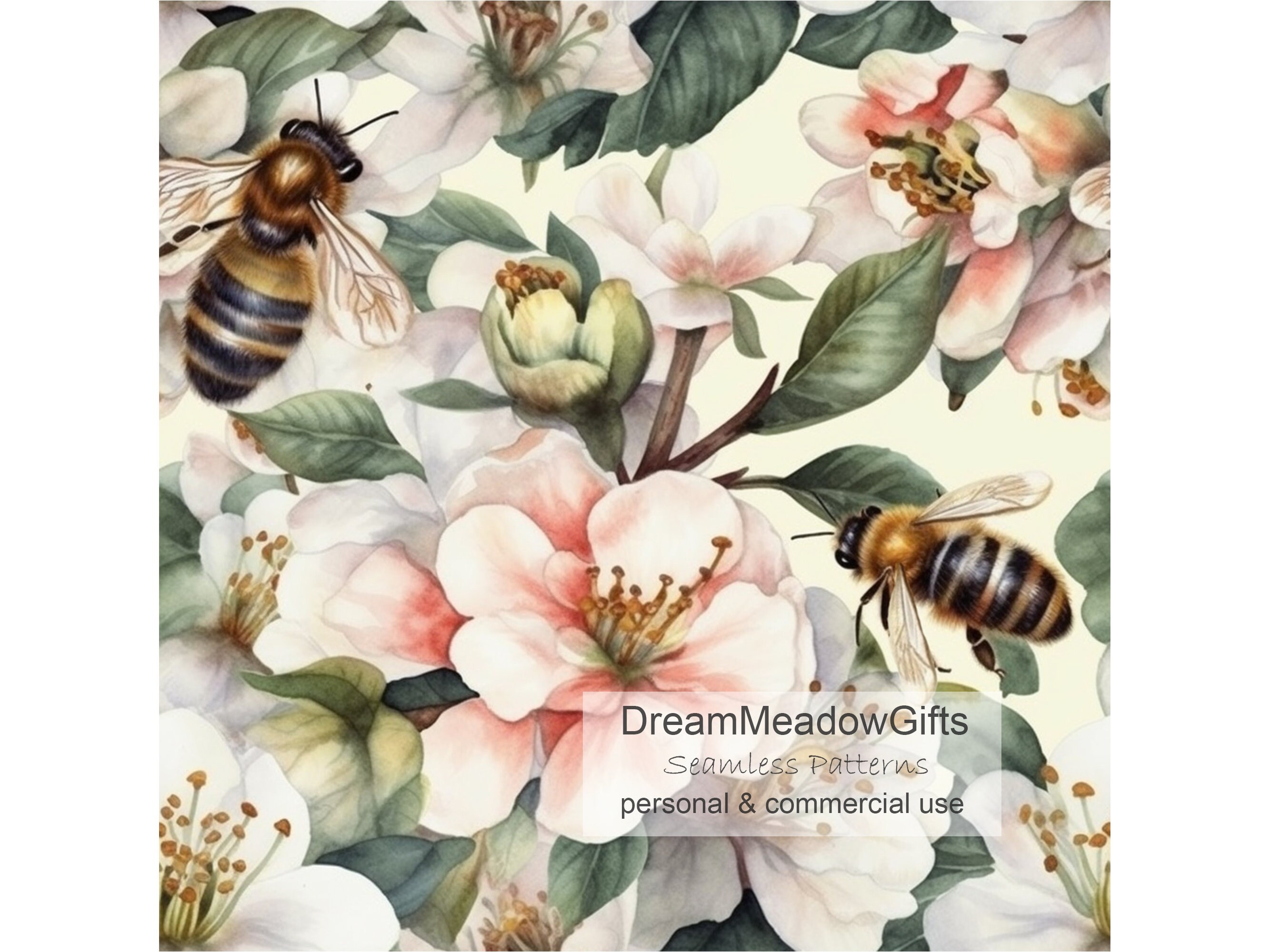 Bee Seamless Pattern, Commercial Use Bees and Cherry Flowers Seamless ...
