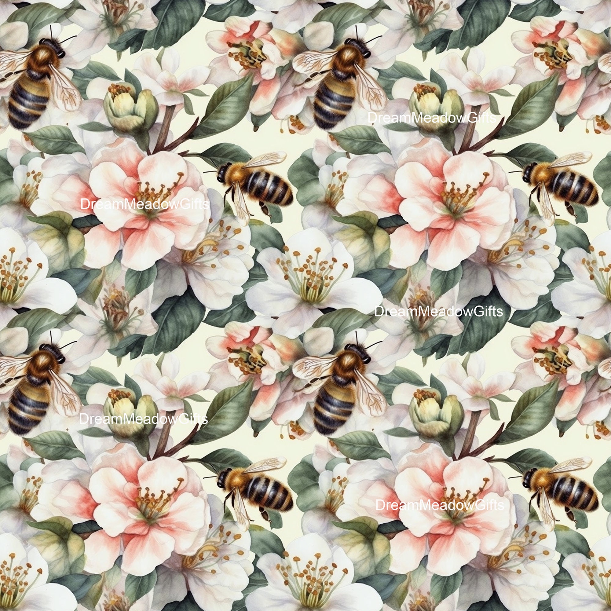 Bee Seamless Pattern, Commercial Use Bees and Cherry Flowers Seamless ...