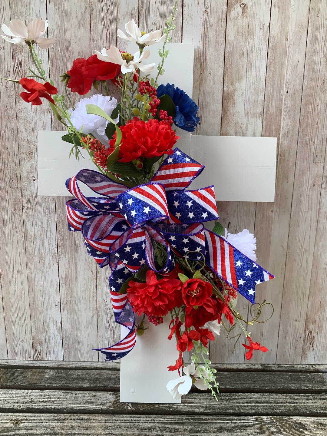 Cemetery Wood Cross. White Gloss Painted Wood With Patriotic Flower ...