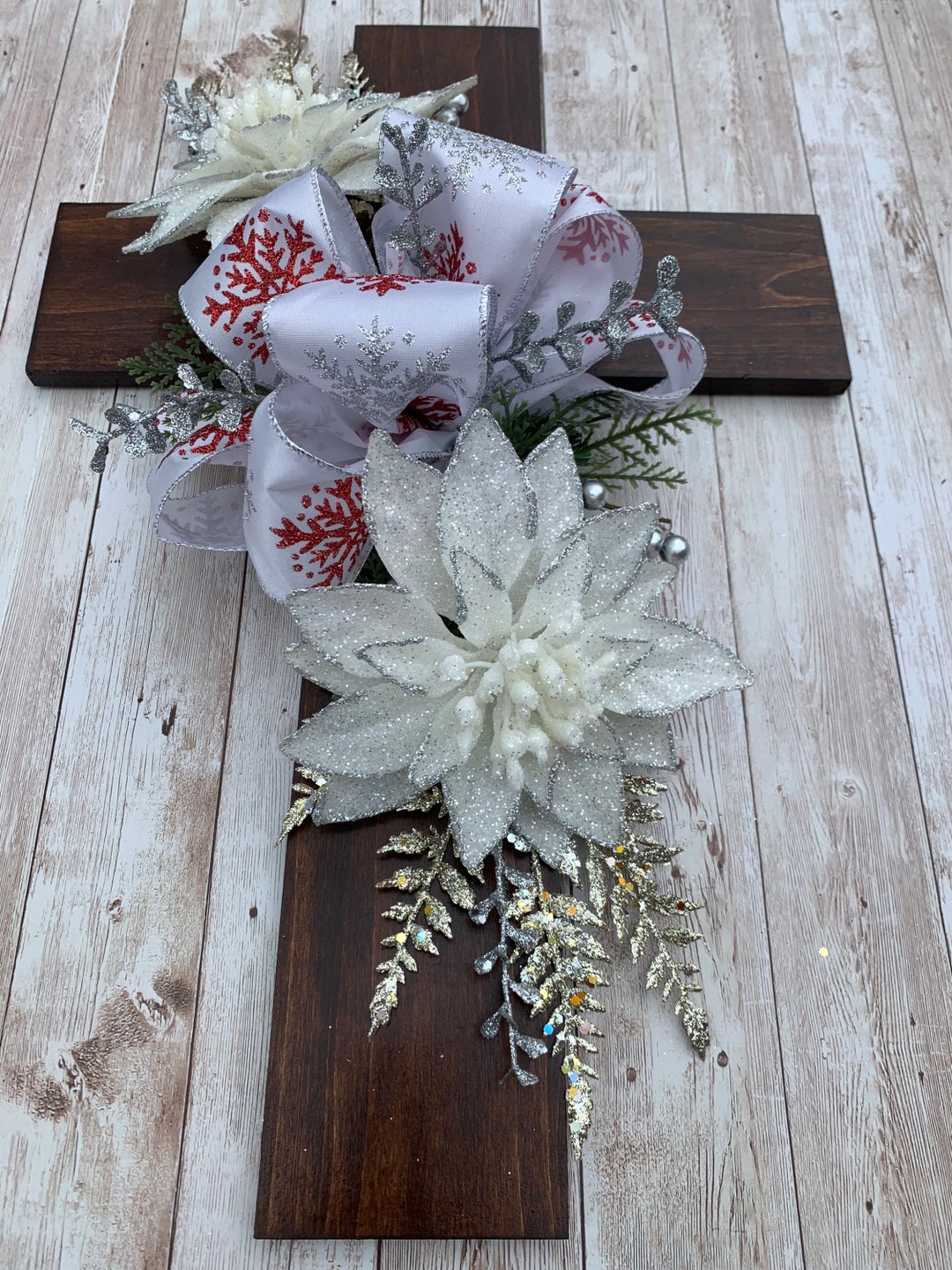 Cemetery Wood Cross. Stained and Sealed Wood With Christmas Floral ...