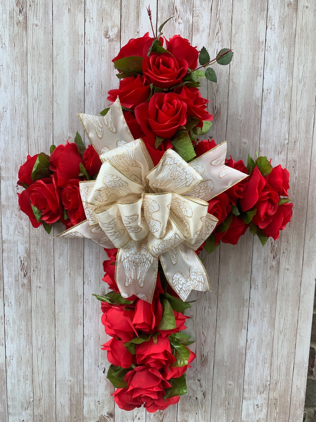 Cemetery Cross Red Roses. Choose Your Ribbon Color: Solid, Patriotic ...