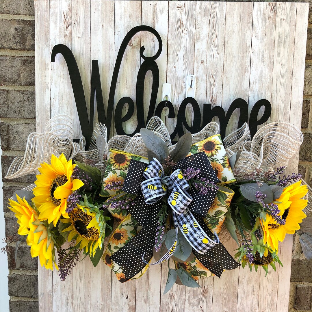 Sunflower Welcome Door Hanger, Sunflower Wreath for Door, Summer Door ...