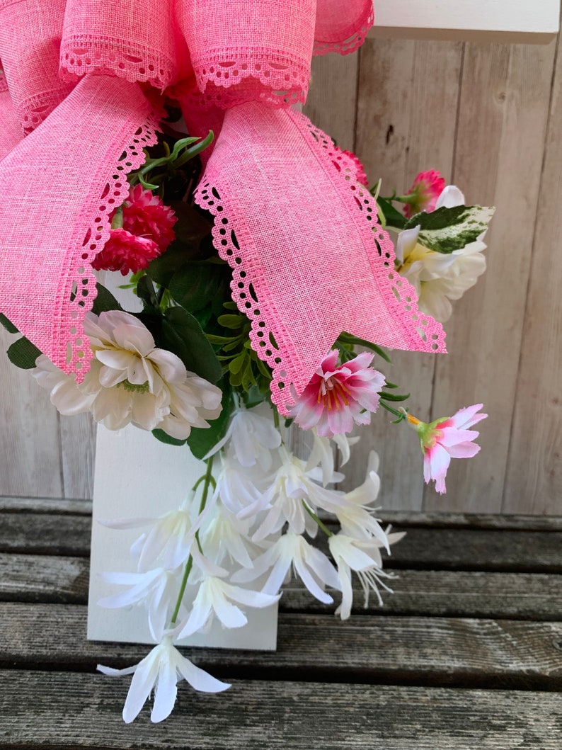 Cemetery Cross. White Gloss Painted Wood With Pink & White Flower ...