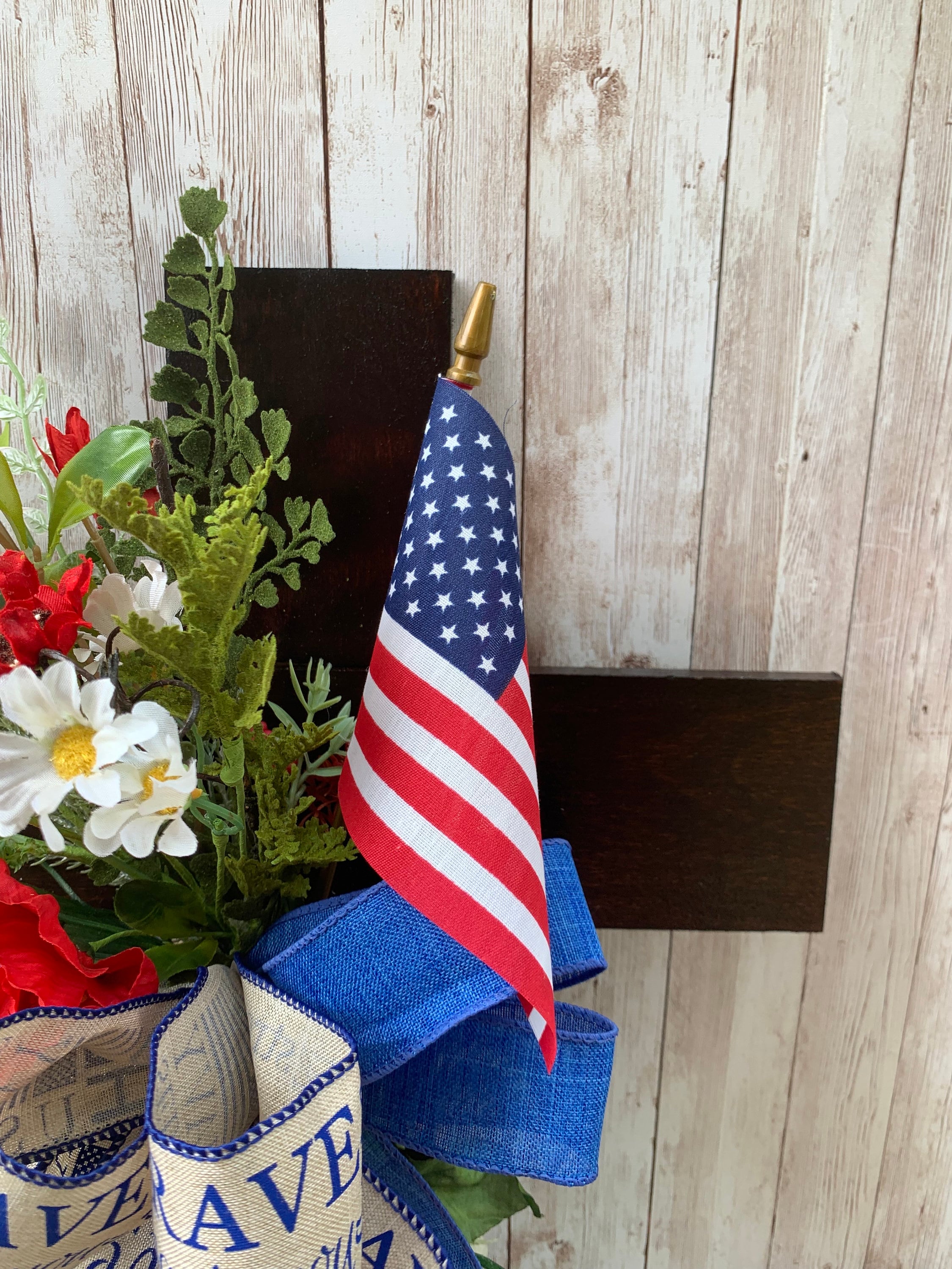 Navy Veteran Wood Cemetery Cross With Patriotic Flowers and Flag ...