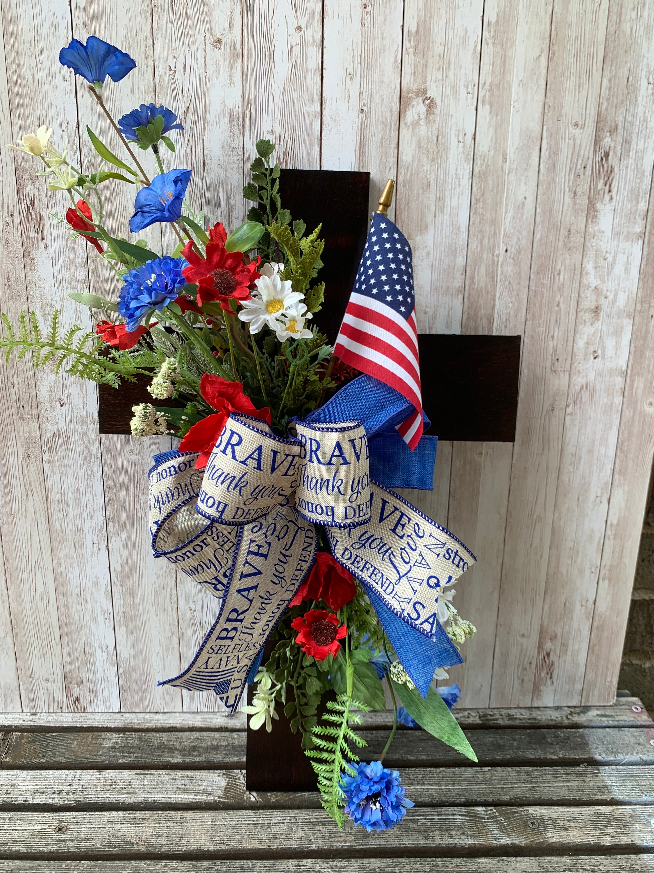 Navy Veteran Wood Cemetery Cross With Patriotic Flowers and Flag ...