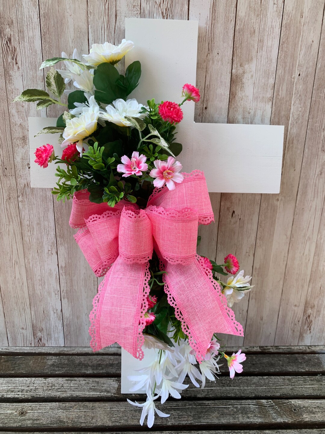 Cemetery Cross. White Gloss Painted Wood With Pink & White Flower ...