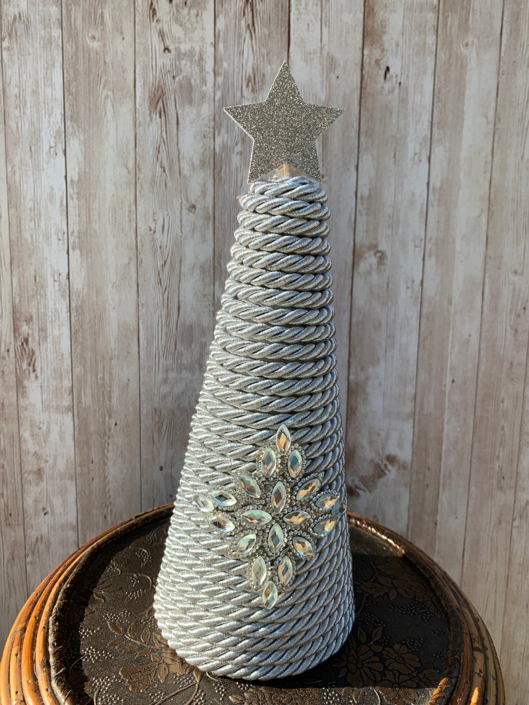 Christmas Tree Silver Metallic Rope Wrapped and Decorated Medium ...