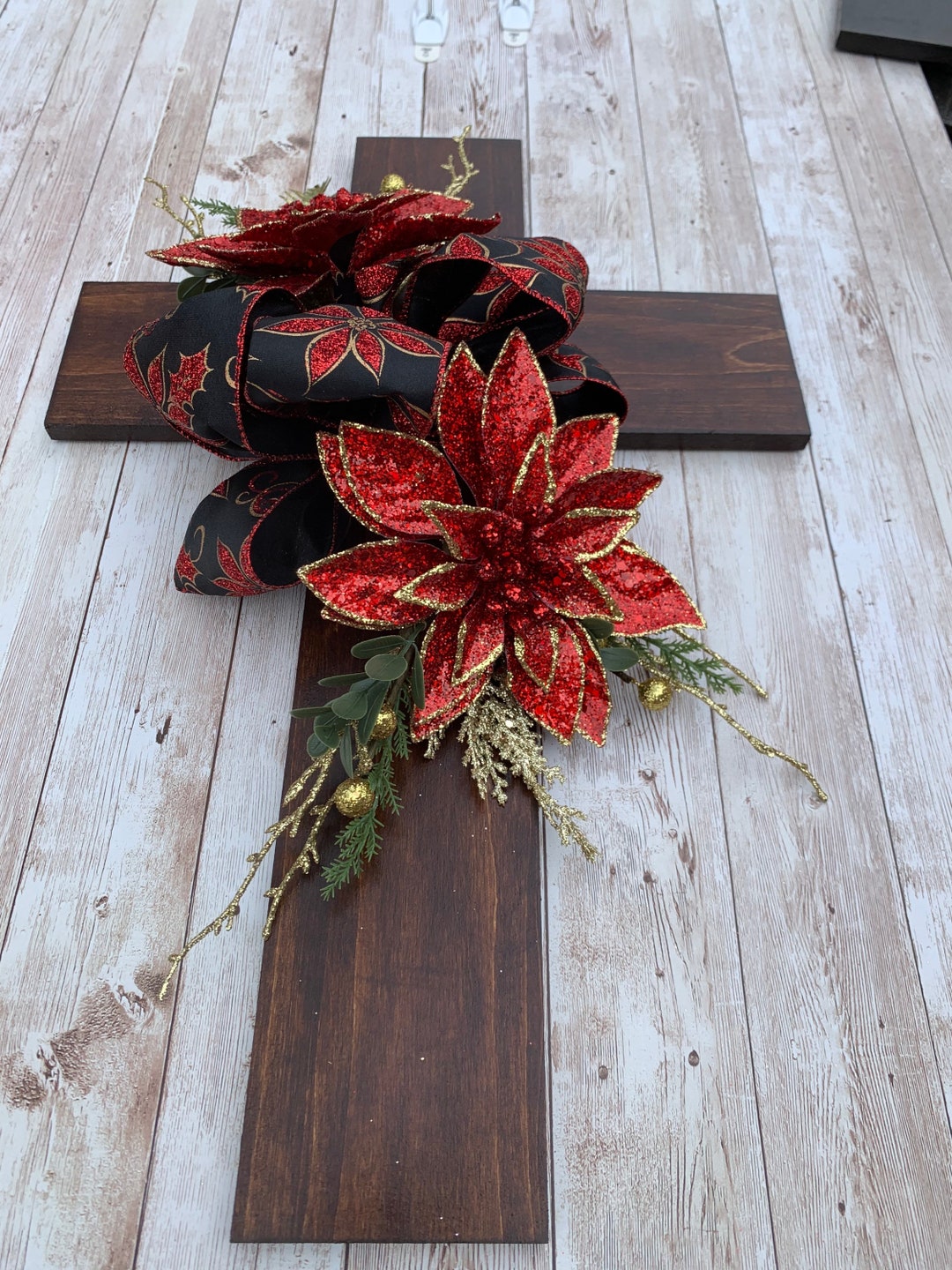 Christmas Cemetery Cross: Stained Wood Floral Graveside Marker - Etsy