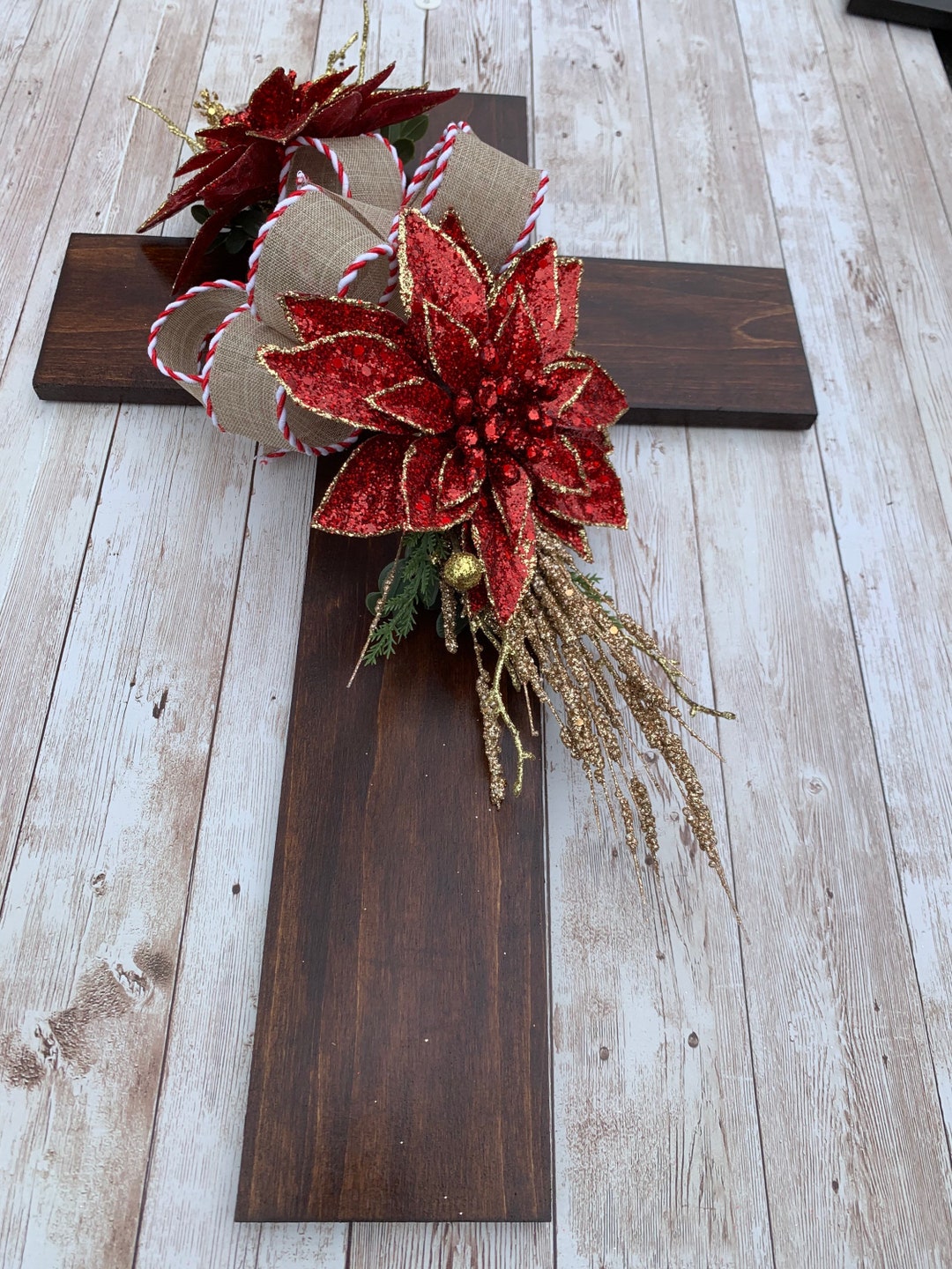 Cemetery Wood Cross. Stained and Sealed Wood With Christmas Floral ...