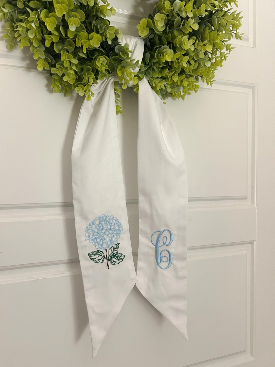 Personalized Wreath Sash With Monogram + Hydrangea | Embroidered Door ...