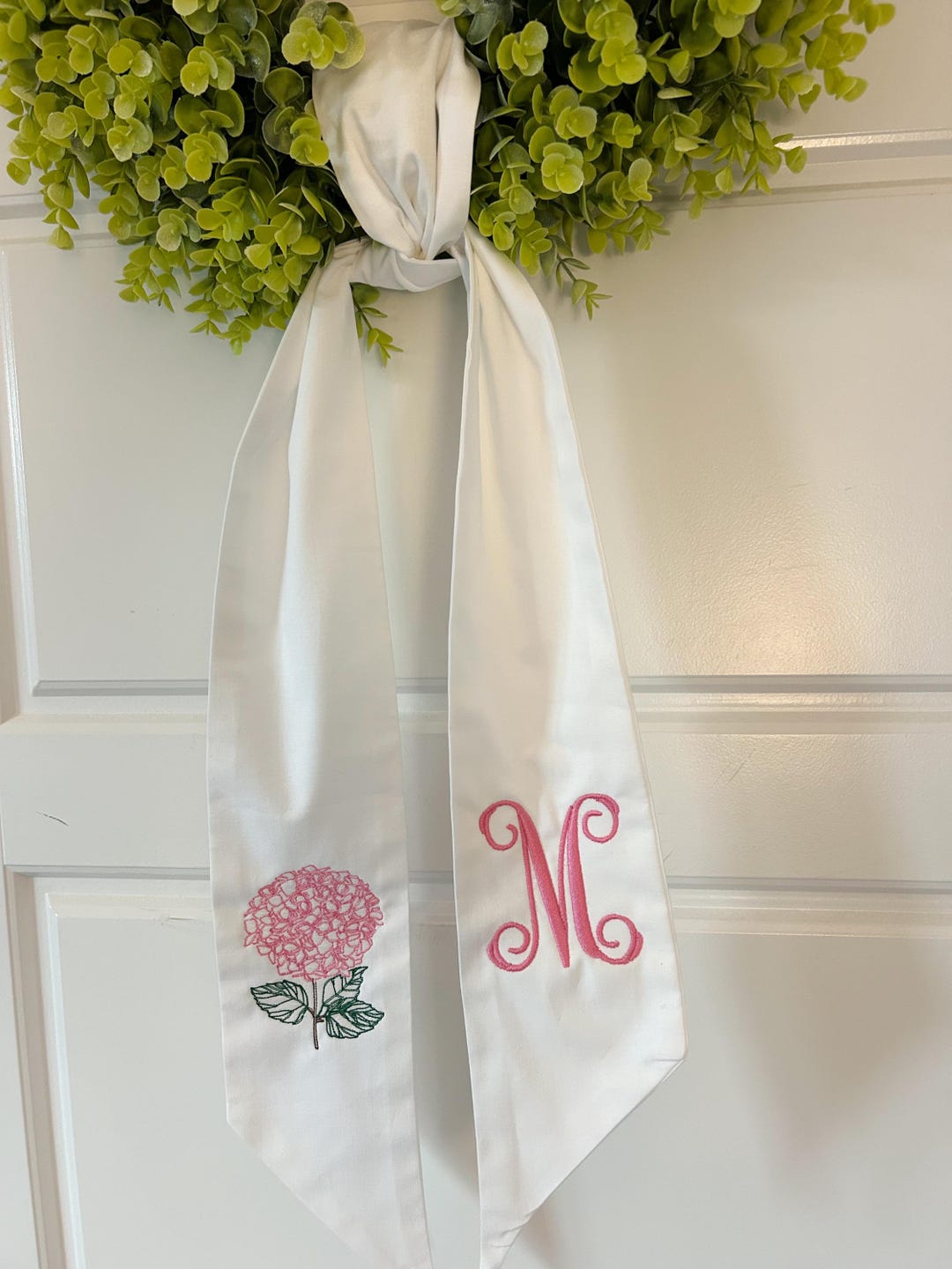Personalized Wreath Sash With Monogram + Hydrangea | Embroidered Door ...
