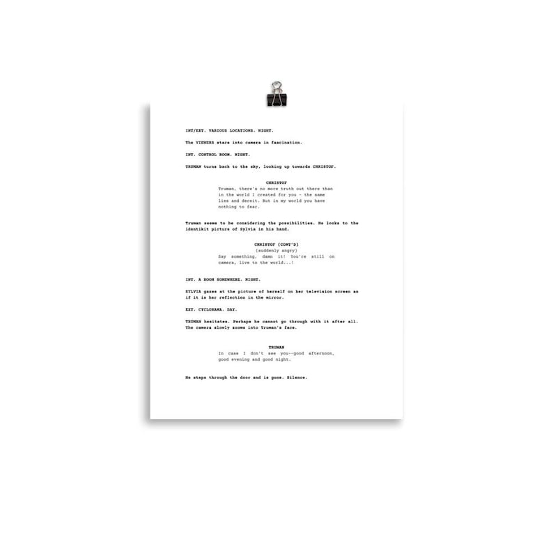 The Truman Show Script Print: Jim Carrey Finale Movie Quote Physical ...