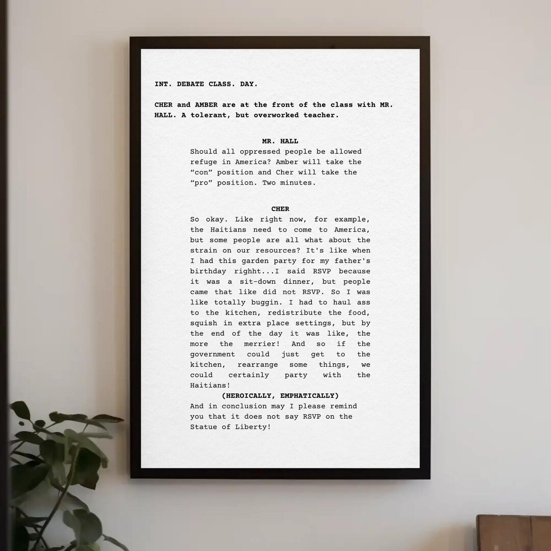 Clueless Film Script Poster | RSVP Speech Scene Movie Screenplay Print | Alicia Silverstone Rom ...