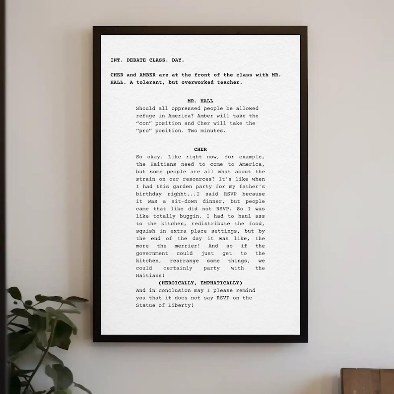Clueless Film Script Poster | RSVP Speech Scene Movie Screenplay Print | Alicia Silverstone Rom ...