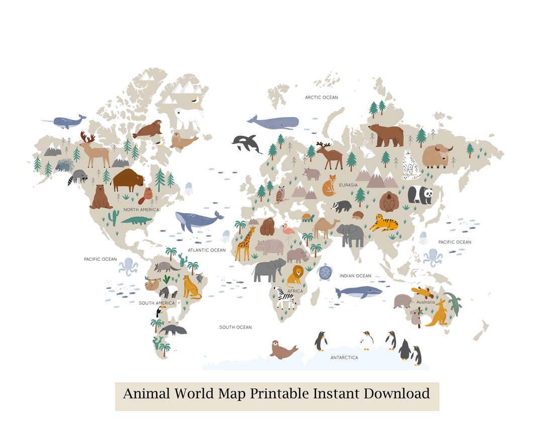 Printable Animal World Map Printable Instant Download for Baby or Kids ...