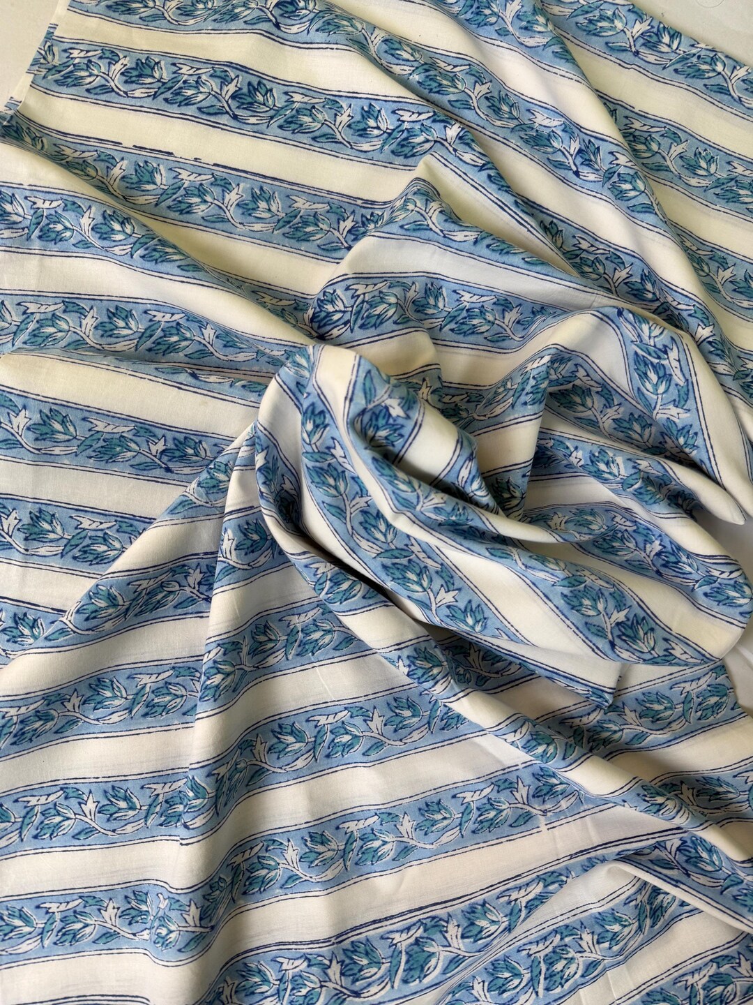 Blue and White Stripe Fabric/authentic Block Printed Fabric/ Floral ...