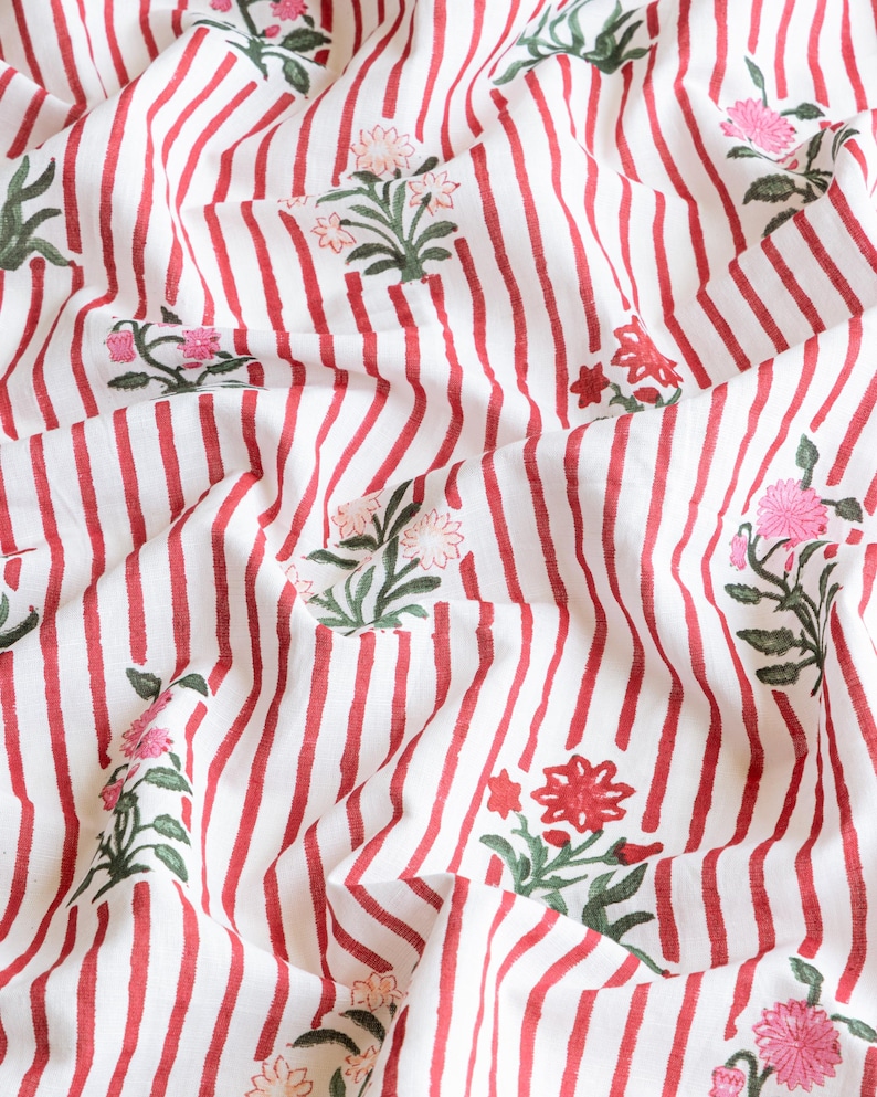 Beautiful Red Striped Fabric, Indian Hand Block Printed Fabric for ...