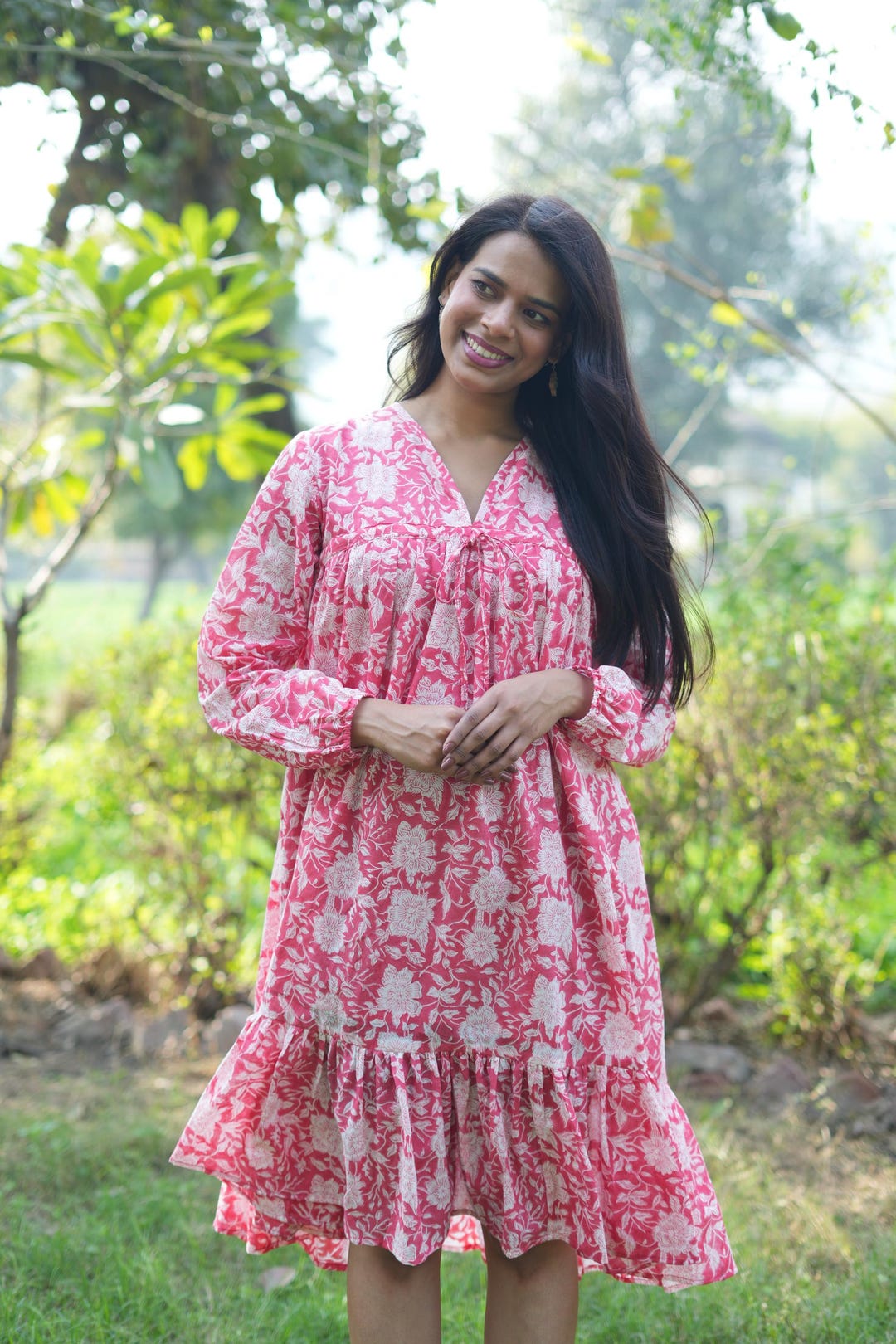 Floral Cotton Dress: Dark Pink Block Print, Full Sleeves - Etsy