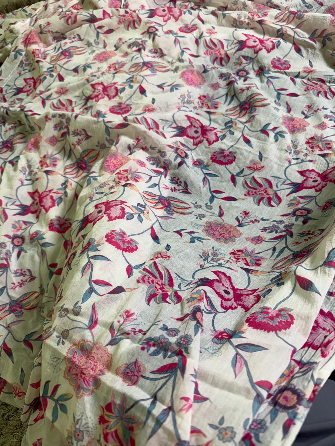 Pink Floral Jaal Handprinted Cotton Fabric: Sheer Indian Botanical ...