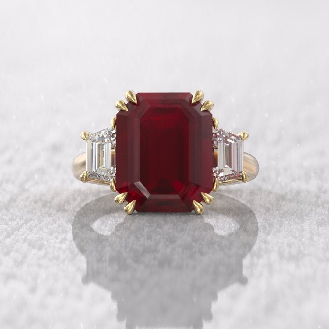 Emerald Cut Engagement Ring 4 Ct Ruby Lab Grown Double Prong Setting ...