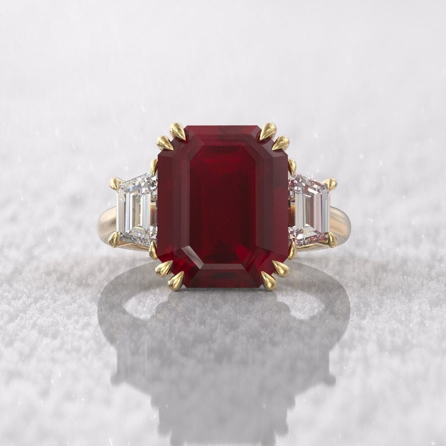 Emerald Cut Engagement Ring 4 Ct Ruby Lab Grown Double Prong Setting ...