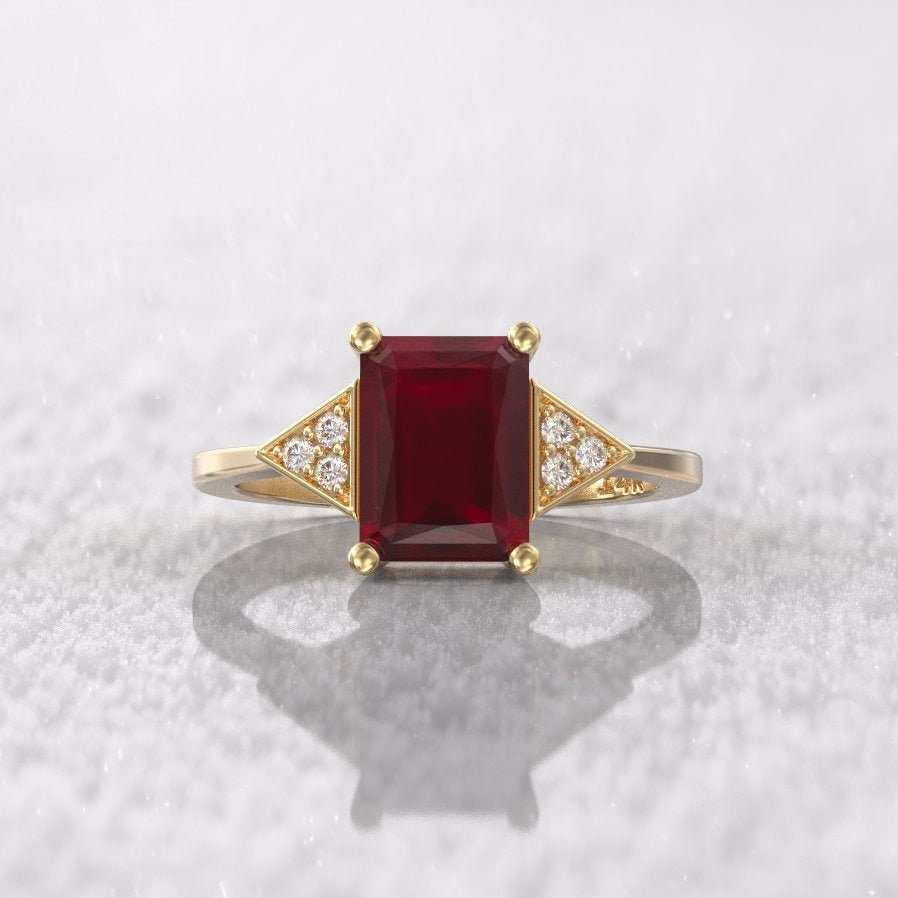 Emerald Cut Engagement Ring Ruby Lab Grown 2 Carat & Triangle Diamond ...