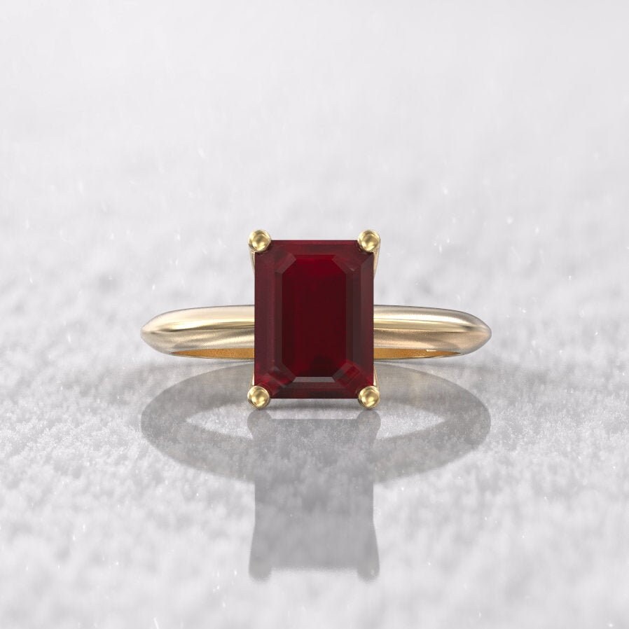 Emerald Cut Solitaire Ring 2 Ct Ruby Lab Grown Minimalist Ring 1.6 Mm ...