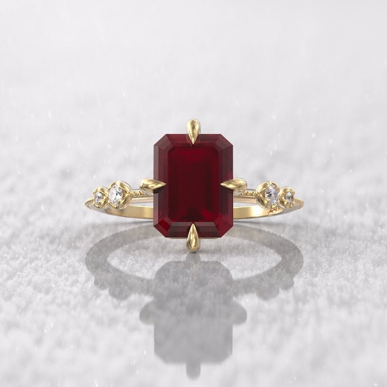 Ruby Lab Grown 2 Carat Emerald Cut Engagement Ring 8.5x6.5mm Knife Edge ...