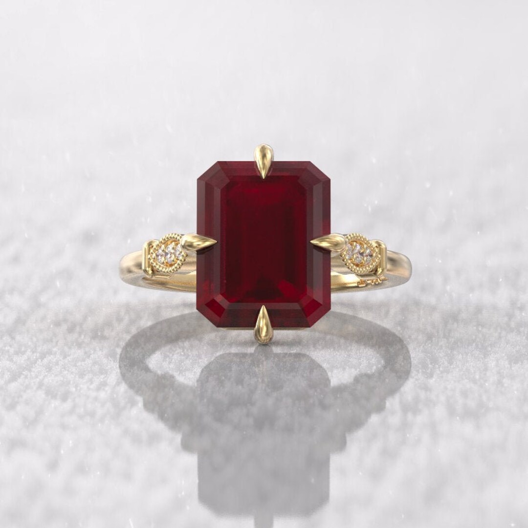 Emerald Cut Engagement Ring 4 Ct Ruby Lab Grown Art Deco Diamond Ring 1 ...