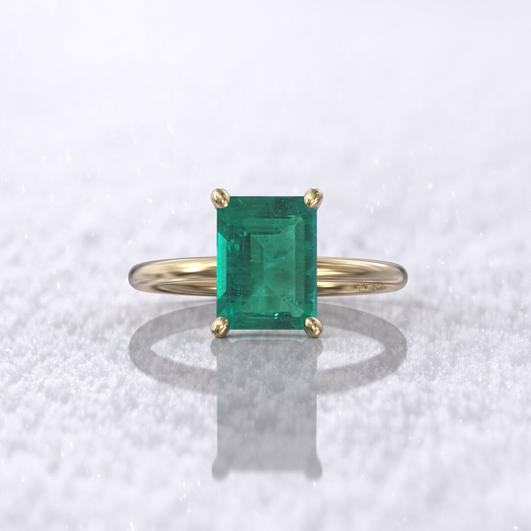 Emerald Cut Solitaire Ring 2 Ct Colombian Emerald Lab Grown Hidden Halo ...