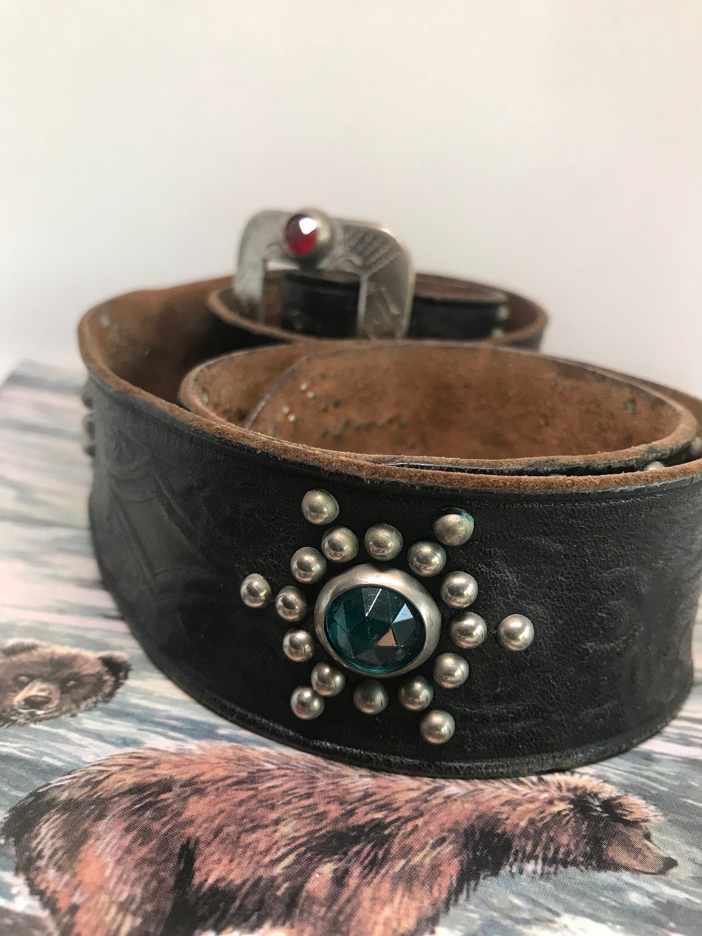 Antique 1920’s Studded Western Belt With Jewel Cowboy Buckle - Etsy