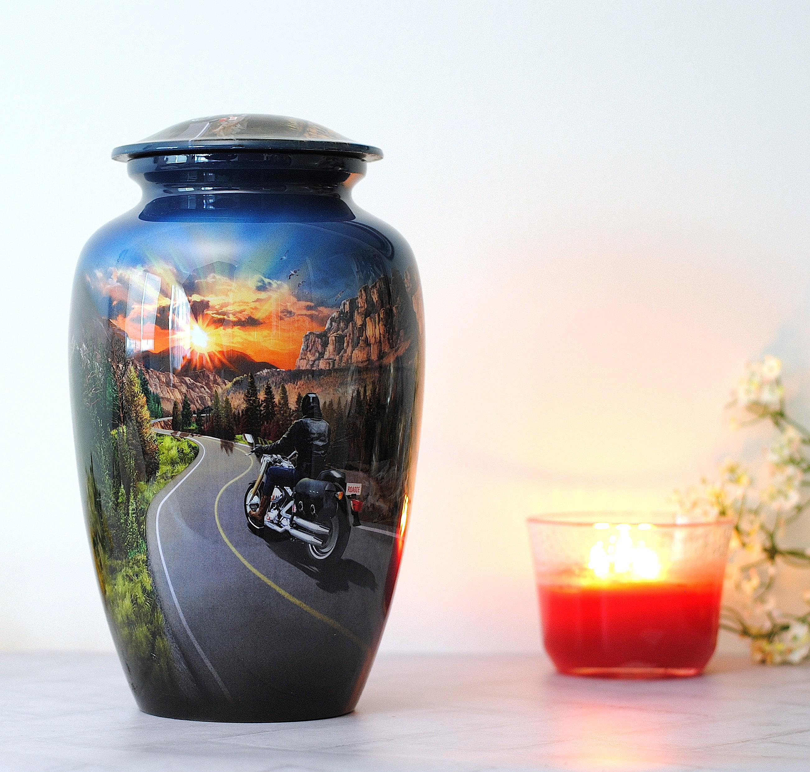 Handcrafted Aluminum Cremation Urn: Sunset Motorbike Rider Memorial ...