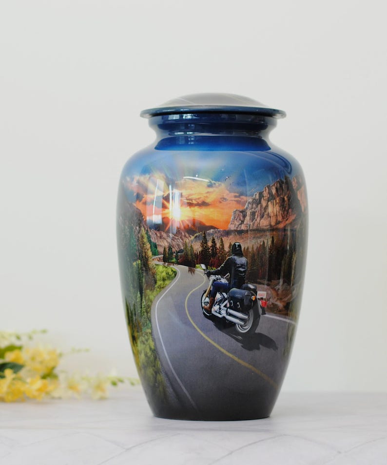 Handcrafted Aluminum Cremation Urn: Sunset Motorbike Rider Memorial ...