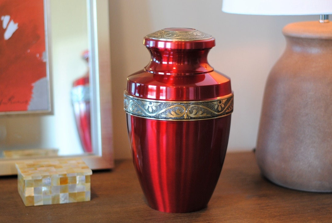Gold on Crimson : Cremation Urn for Human Ashes | Golden Engraved on ...