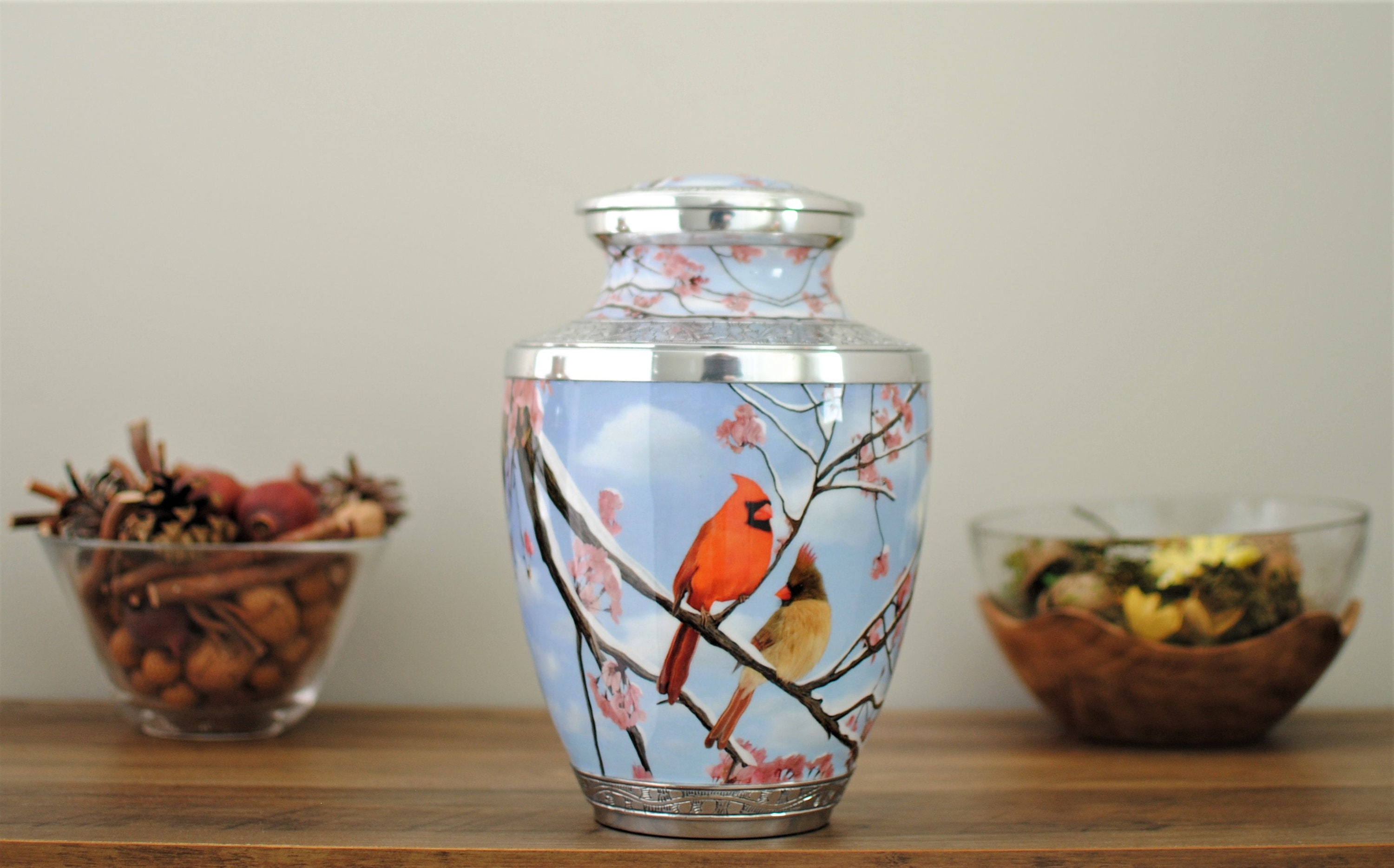 Handcrafted Northern Cardinals Cremation Urn: Adult Memorial, Sky-blue ...