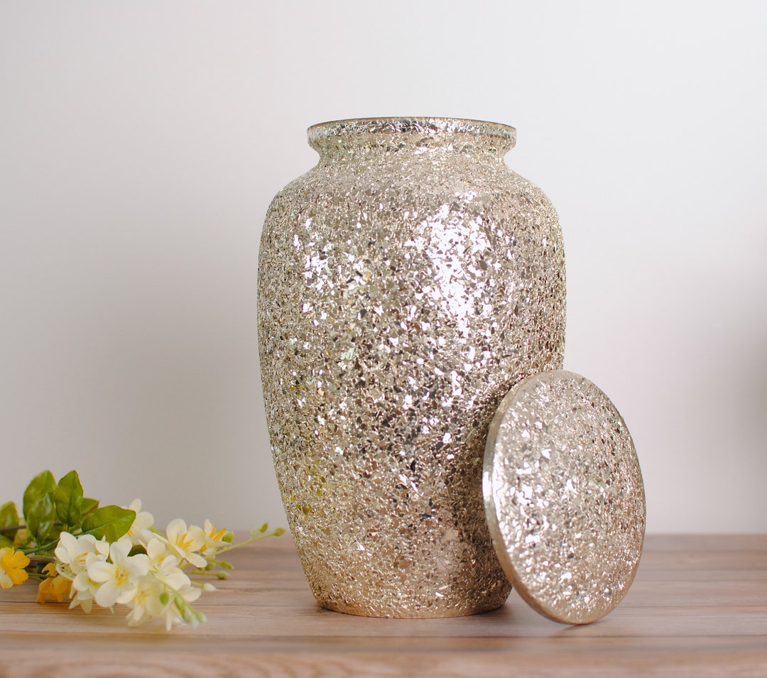 Glass Mosaic Cremation Urn: Handcrafted Sparkling | Gold Silver Bling ...