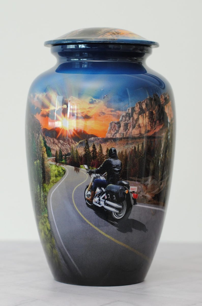 Handcrafted Aluminum Cremation Urn: Sunset Motorbike Rider Memorial ...