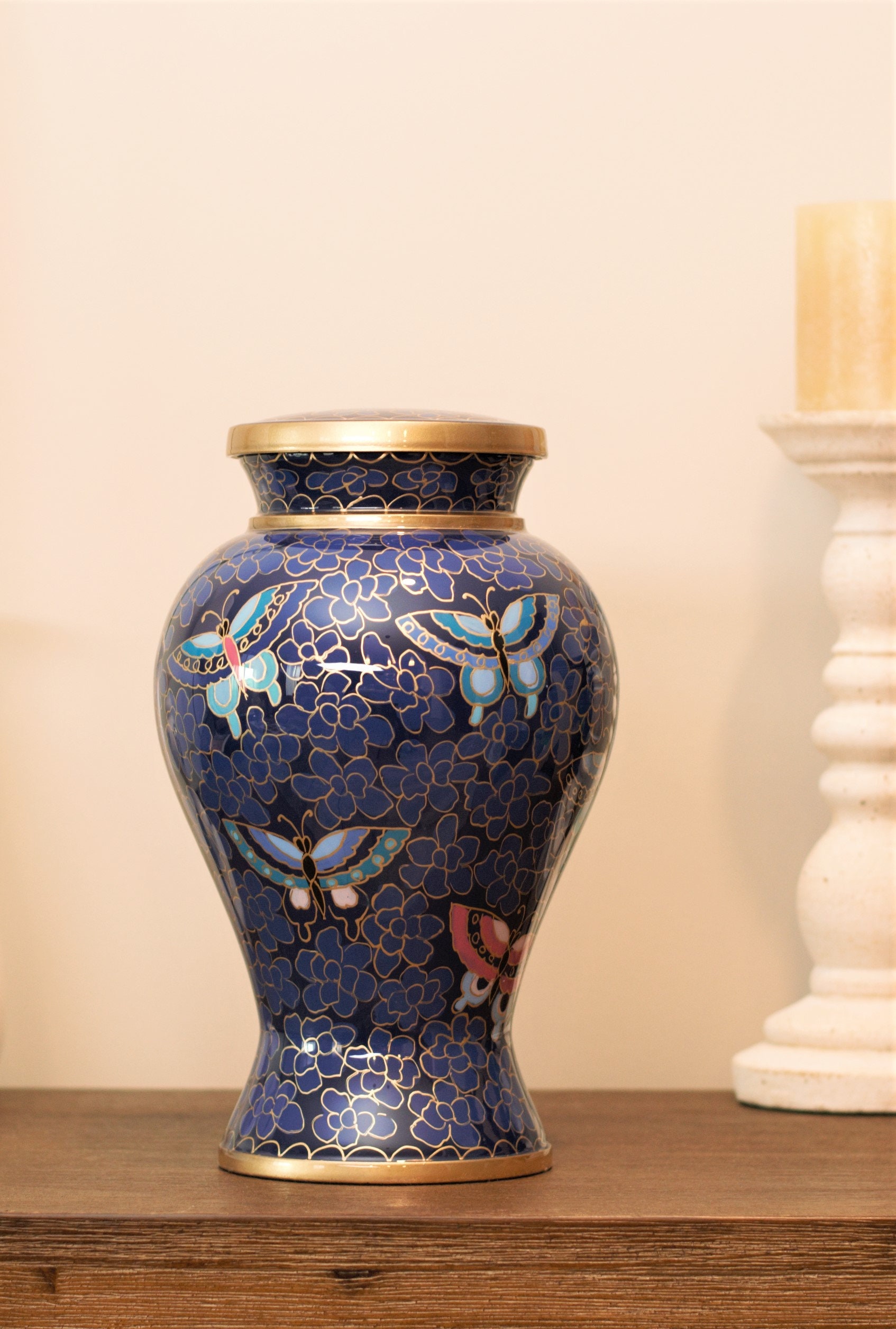 Hand-painted Cloisonné Cremation Urn: Royal Blue Floral Butterfly ...