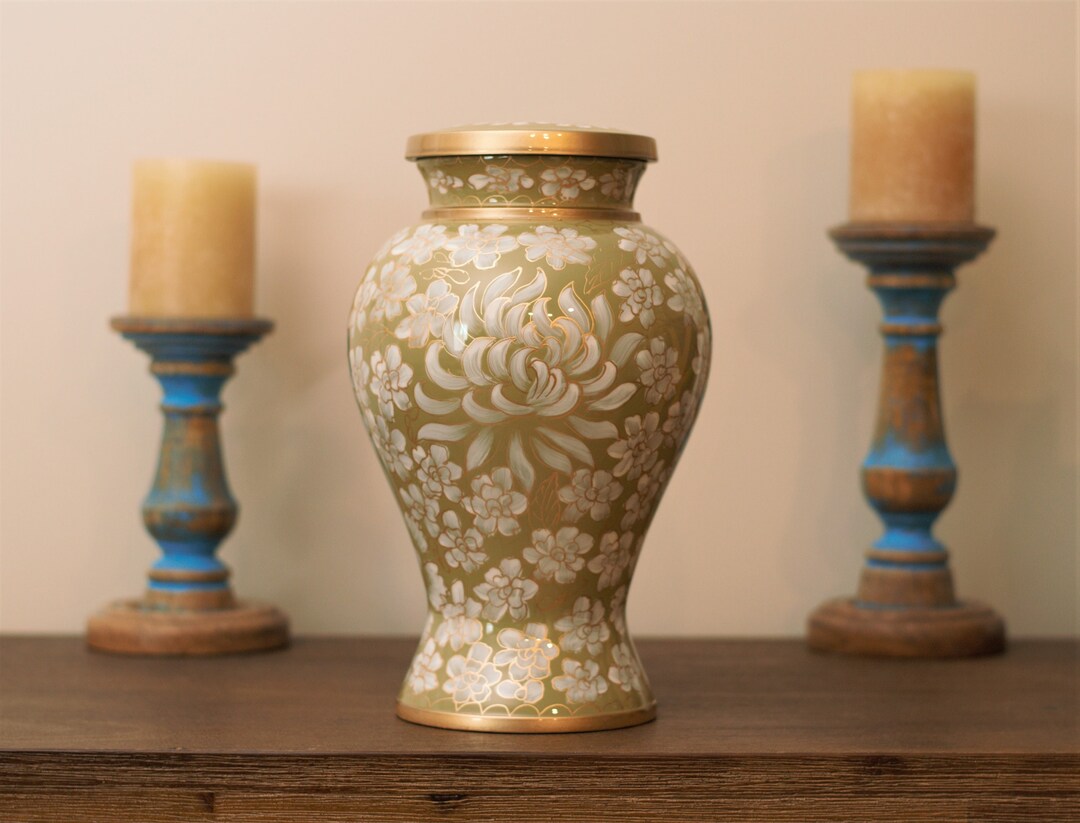Cloisonné Style Cremation Urn for Human Ashes | Handcrafted Yellowish ...