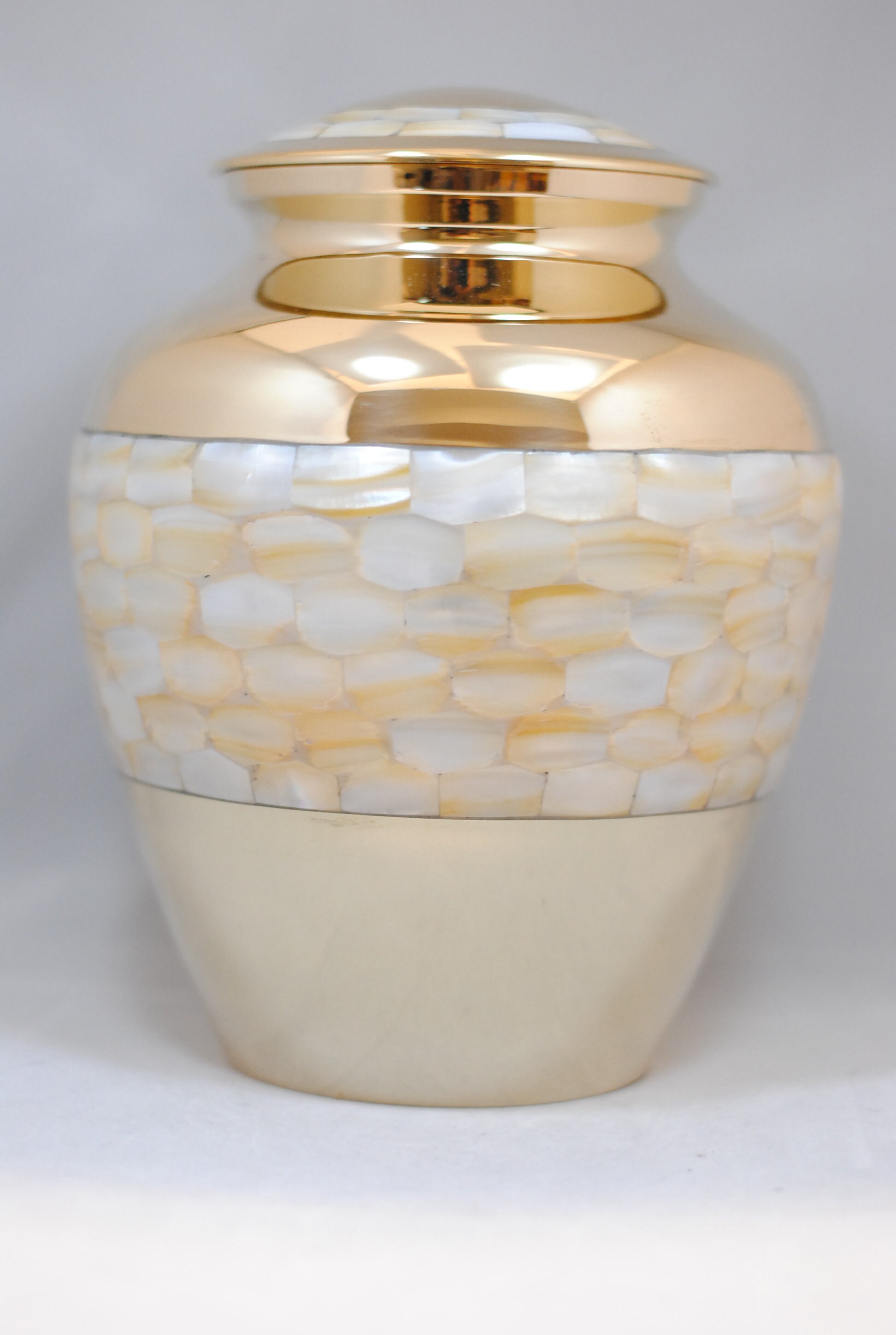 Mother of Pearl Cremation Urn: Handcrafted Golden Brass | Adult 9"x7 ...