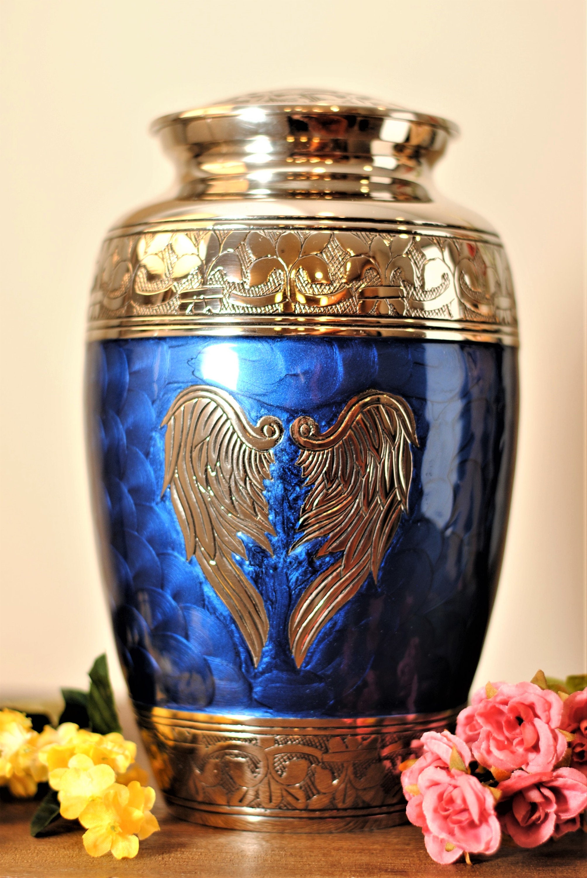 Handcrafted Angel Wings Cremation Urn: Navy Blue Brass Memorial | 10 ...