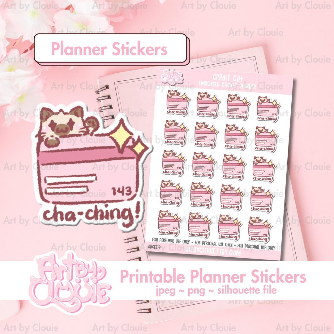 Credit Cat Cha-ching Printable Planner Stickers, Cute Cat Credit Card ...
